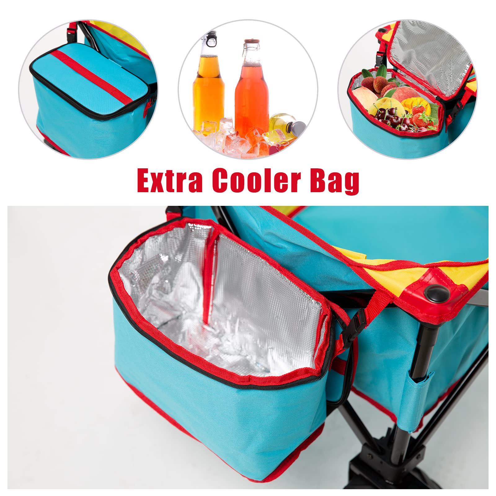 CharaVector Folding Wagon Cart,Beach Wagon with Big Wheels for Sand, Cooler Bag, Cup Holders and Side Bag, Collapsible Beach Wagon for Shopping, Camping, Garden