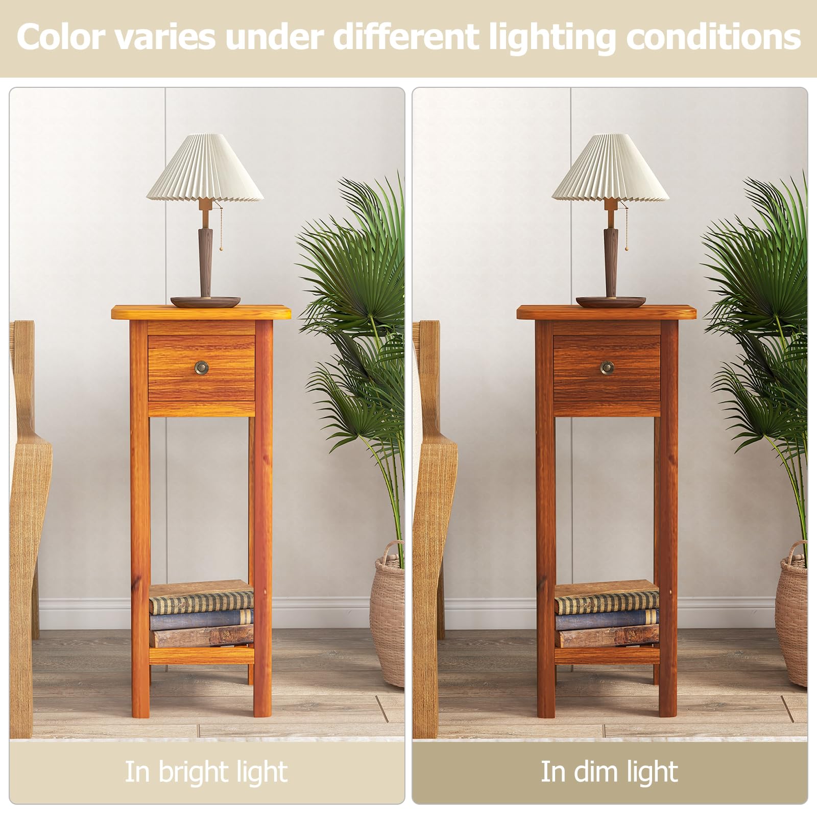 Giantex Narrow End Table with Drawer, Tall Acacia Wood Side Table with Bottom Shelf, Modern Bedside Tables, 2-Tier Nightstand for Small Spaces Bedroom Living Room, No Assemble Required, Brown