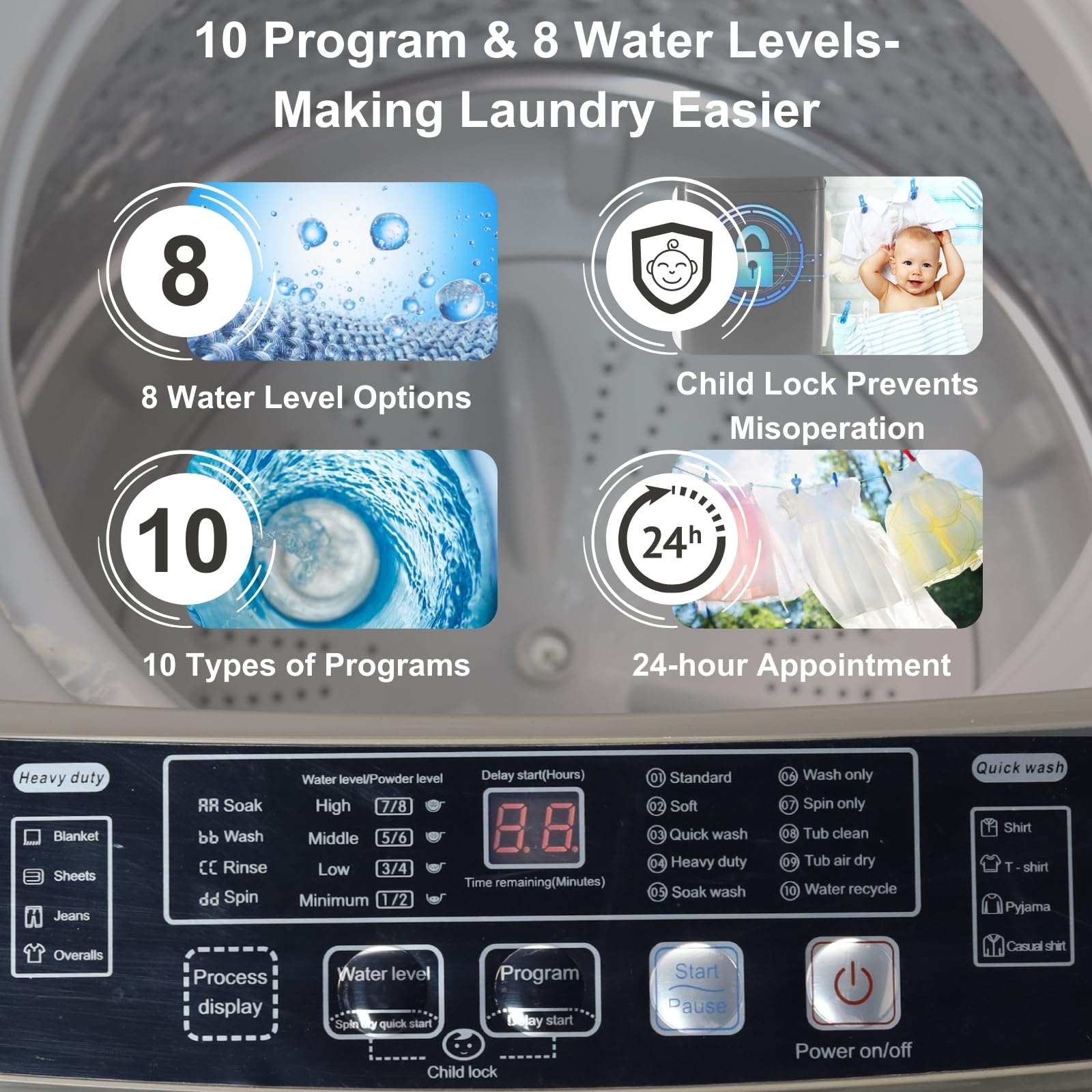 Fox Shack Washing Machine 15.6 LBS Automatic Laundry Machine with 10 Programs, LED Display, 8 Water Levels, High-efficiency Portable Compact Washer for Apartment, RV, Dorm