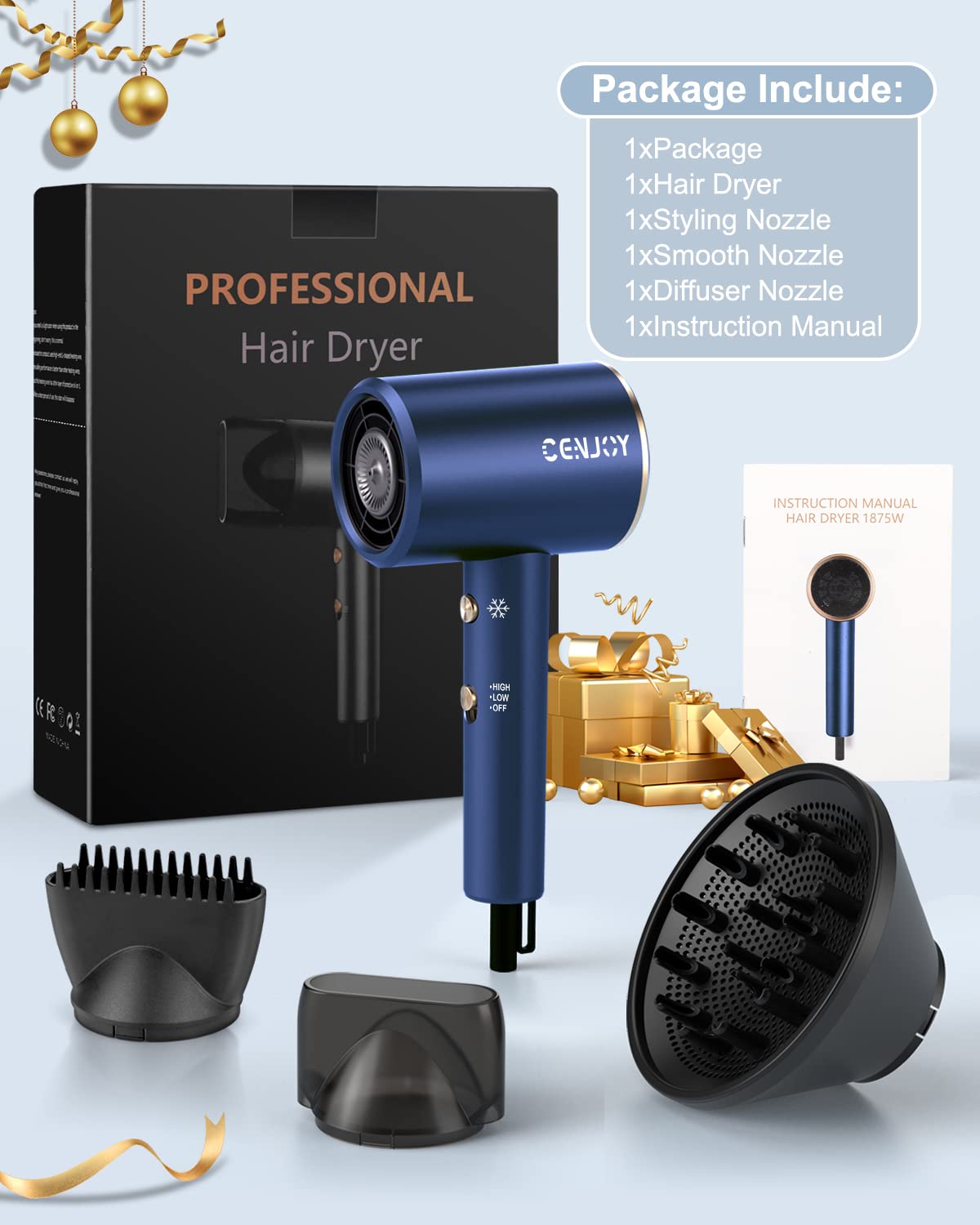 CENJOY Hair Dryer - 1875W Negative Ion Hairdryer with Diffuser, 2 Heating/2 Speed/Cool Setting, Lightweight, Compact, Portable, Quiet for Home, Travel