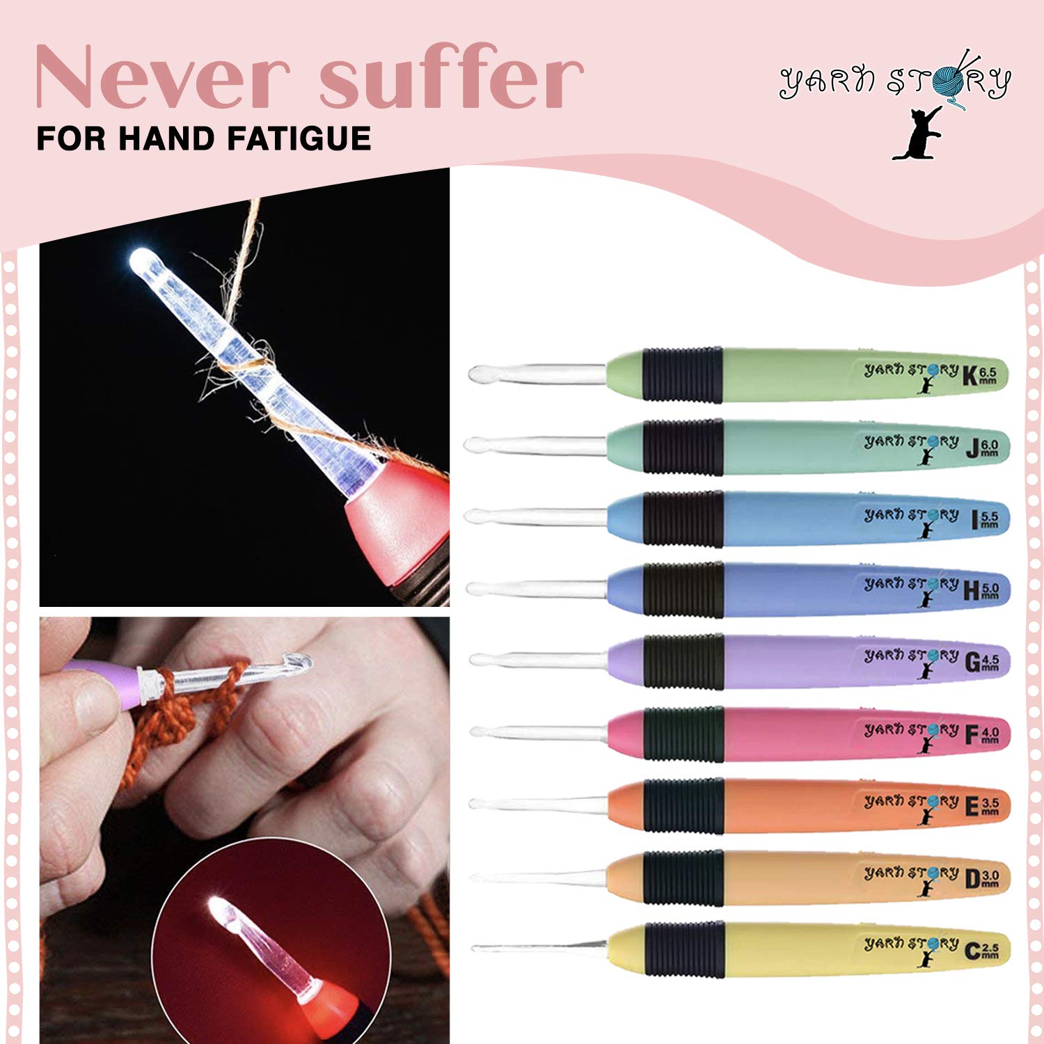 Crochet Kit, 9 Crochet Light Hooks, Lighted Crochet Needles Set - Led Crochet Hook Set with Ergonomic Handle, Crochet Hook Case and 9 Extra Batteries - 9 Knitting Needles from 2.5mm to 6.5mm (Black)