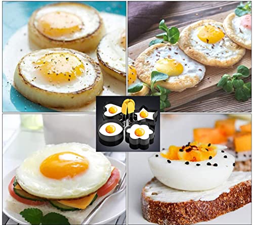 Egg Ring Upgraded Set of 4 with Oil Brush,Foldable silicone handle.Stainless Steel Egg Ring,Non Stick Round Omelette Model for Fried Egg McMuffin Sandwiches.(4 different shapes)