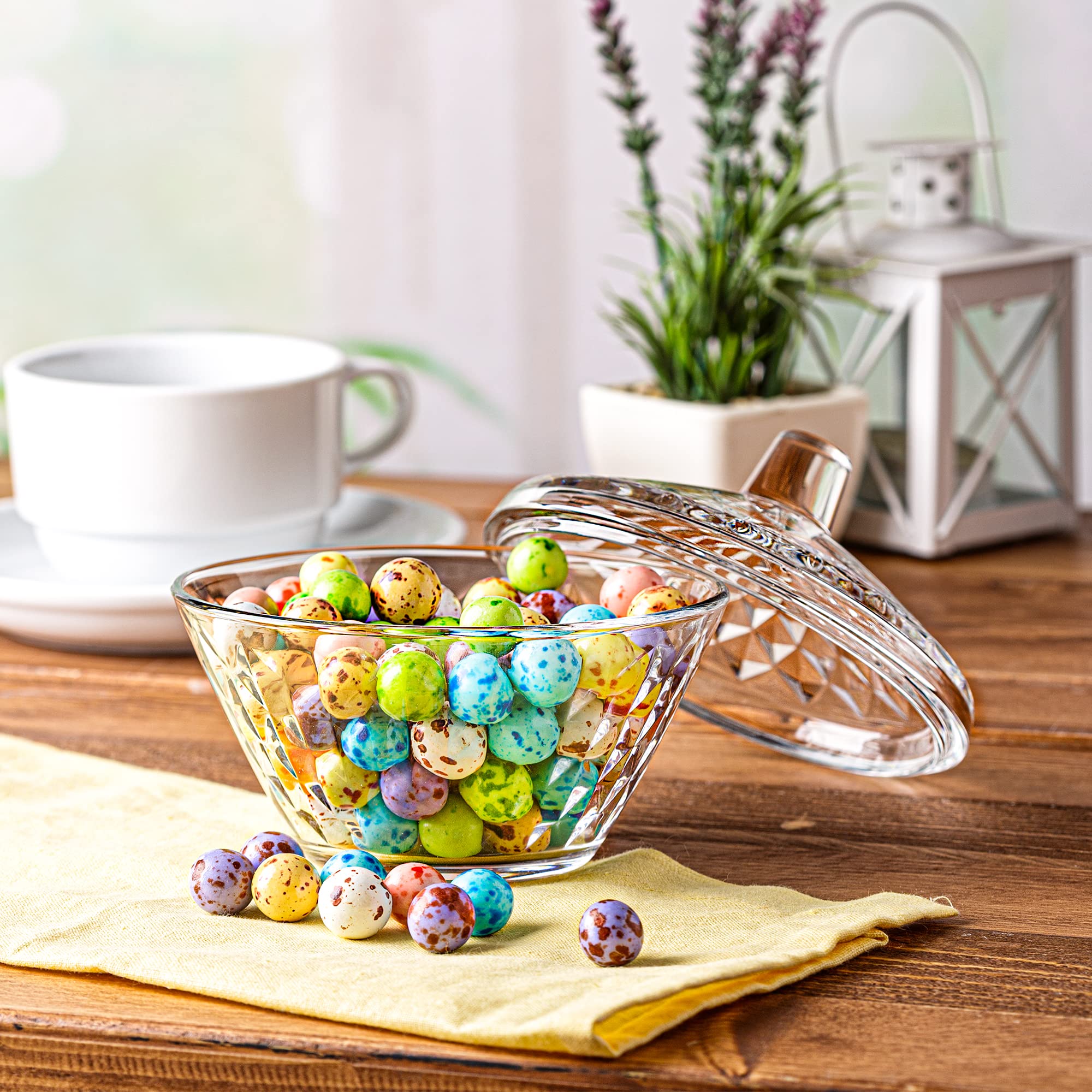 Crystalia Decorative Glass Candy Jar with Lid, Crystal Cut Small Candy Dish for Office Desk or Home, Cute Glass Sweet Cookie Container, Elegant Candy Service Buffet, Glass Sugar Canister