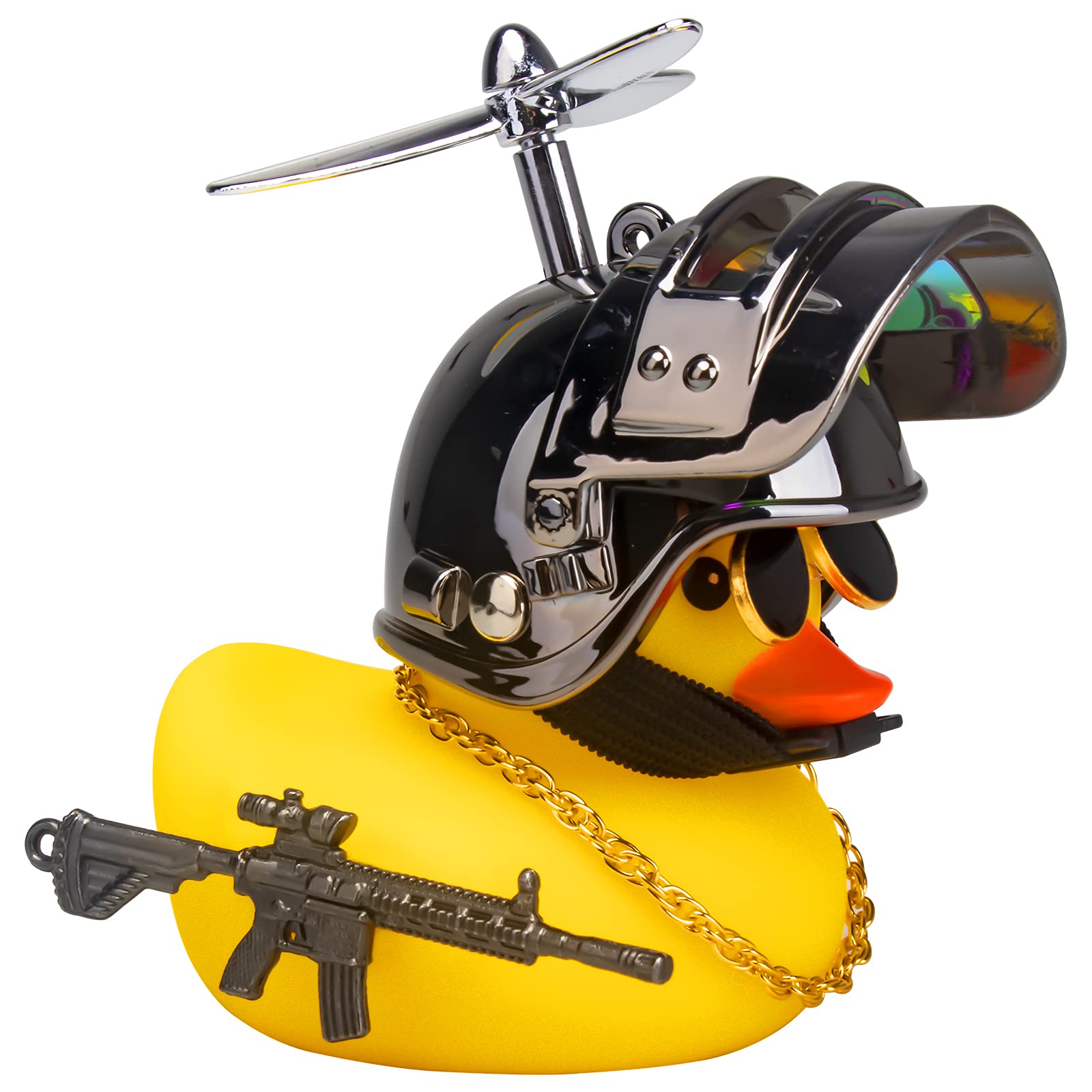 wonuu Rubber Yellow Duck Car Ornaments Cool Duck Car Dashboard Decorations with Propeller Helmet Sunglasses (Brilliant Black-Yellow G)