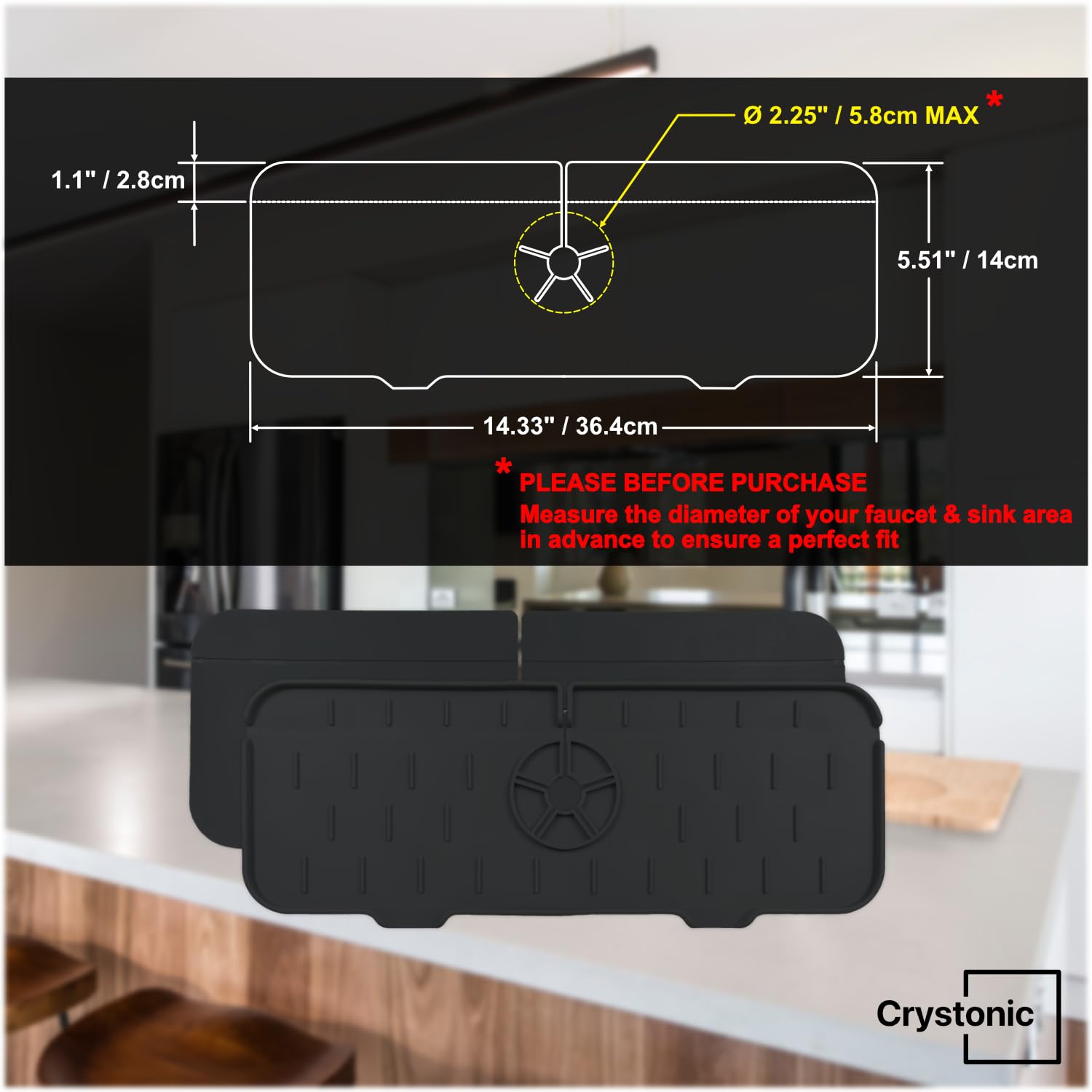 Crystonic Faucet Sink Splash Guard Drain Mat, Dish Soap Sponge Dispenser Brush Holder, Kitchen Bathroom Gadgets & Accessories, Soft & Non-Slip Premium Silicone-Black (14.33" x 5.51")