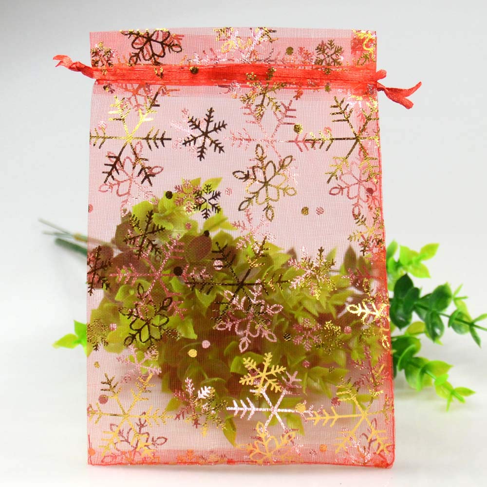 SUNGULF 100pcs Organza Pouch Bag Drawstring Gift Bags (Red Gold Snowflake, 5x7 Inch)