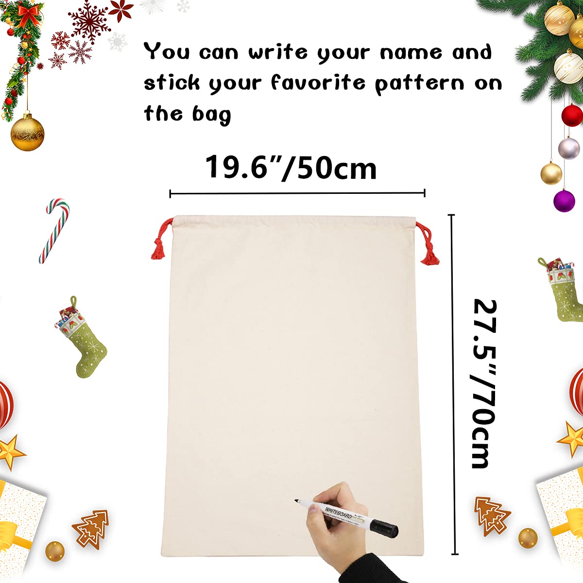 Inspireyee 6 Pack Large Christmas Bag Santa Sacks Xmas Canvas Cotton Xmas Sack Stocking with Drawstrings (Pattern 7, 19.5 X 27.5)