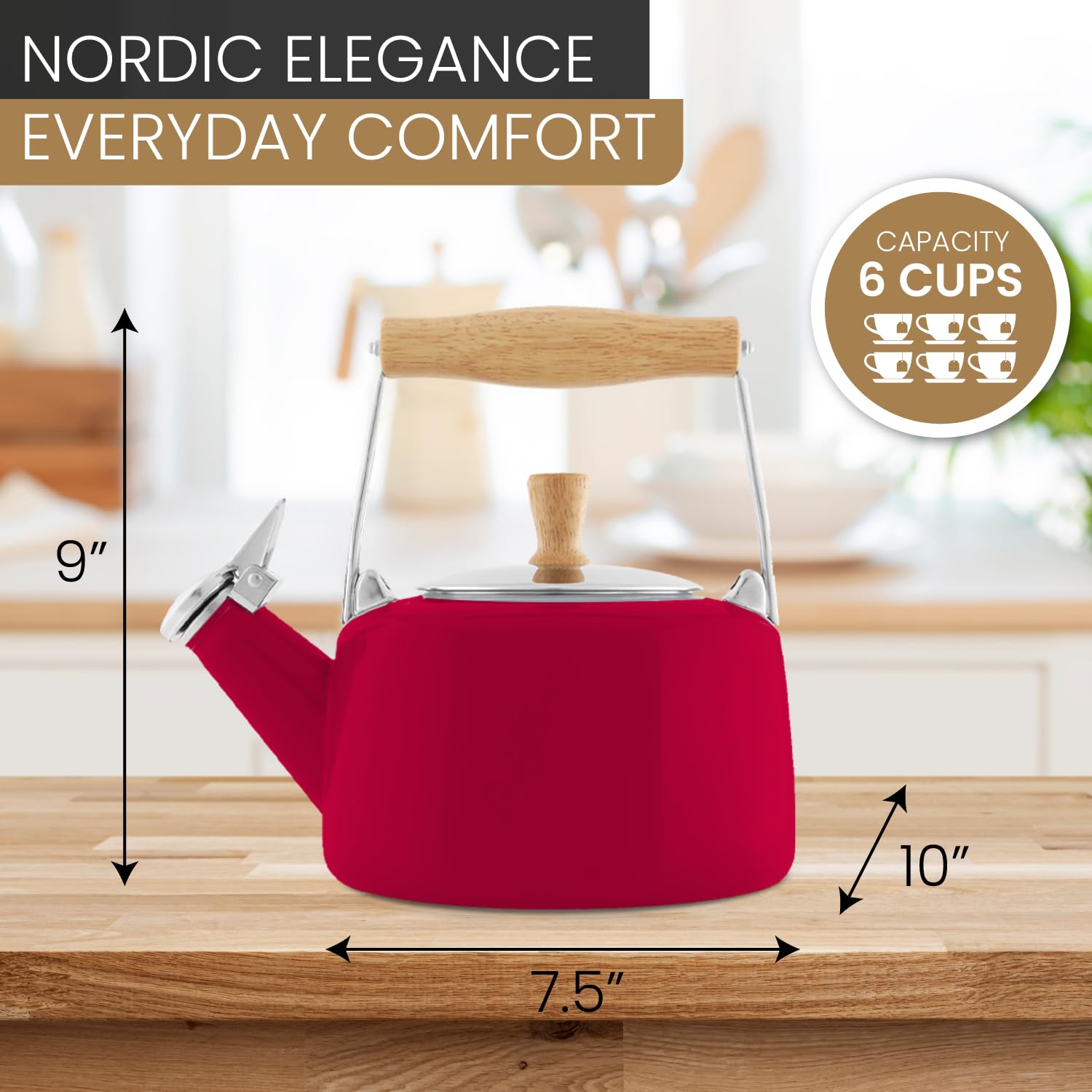 Chantal SVEN Enamel on Steel Whistling Teakettle with Natural Wood handle, 1.4 quarts, Apple Red