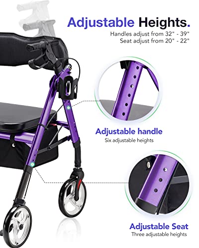 Quicwell Heavy Duty Rollator Walker with Large Paded Seat, Bariatric Rolling Walker with Wide Comfort Backrest for Seniors and Adults, Adjustable Seat, Large 8" Wheels, Support Up 450 lbs, Purple