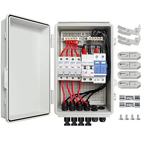 EXCELFU 4 String PV Combiner Box for Solar, with Lightning Arreste & 15A Rated Current Fuse and 63A Circuit Breaker, IP65 Waterproof Solar Combiner Box for On/Off Grid Solar Panel System