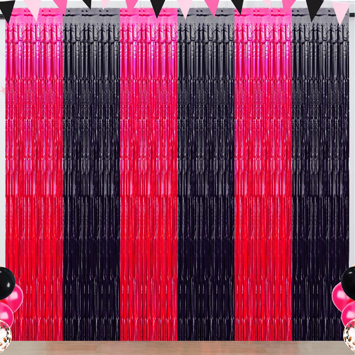 Hot Pink Backdrop Curtain, Black and Hot Pink Birthday Decorations Hot Pink Black Backdrop Wall Streamers for Graduation Girls Women Wedding Bridal Baby Shower Bachelorette Party Decorations (3 Pack)