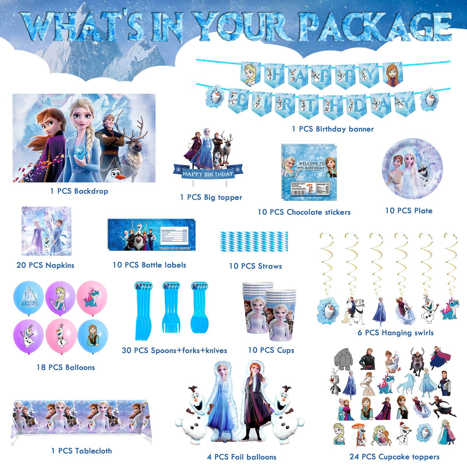 Frozen Birthday Party Supplies,191pcs Cartoon Theme Style Party Decorations Include Happy Birthday Banner,Backdrop,Plates,Tablecover,Cake Toppers