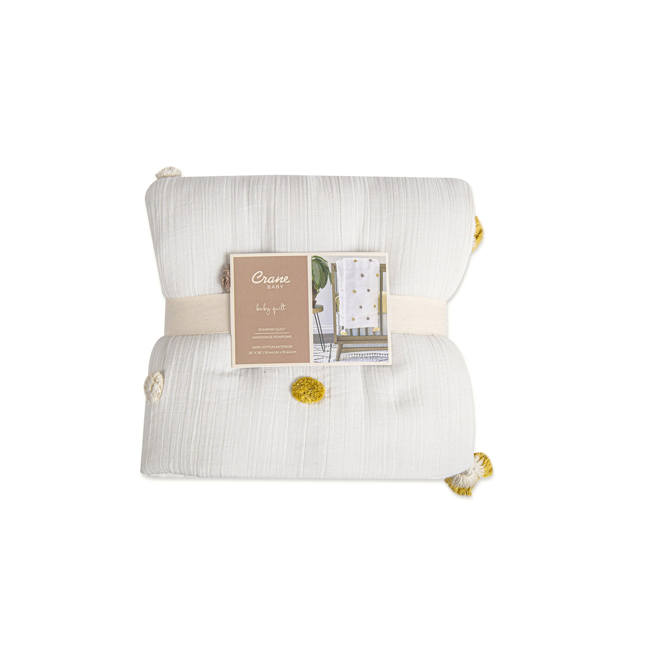 Crane Baby Blanket, Soft Cotton Pom Pom Nursery and Toddler Blanket for Boys and Girls, Cream, 36” x 36”