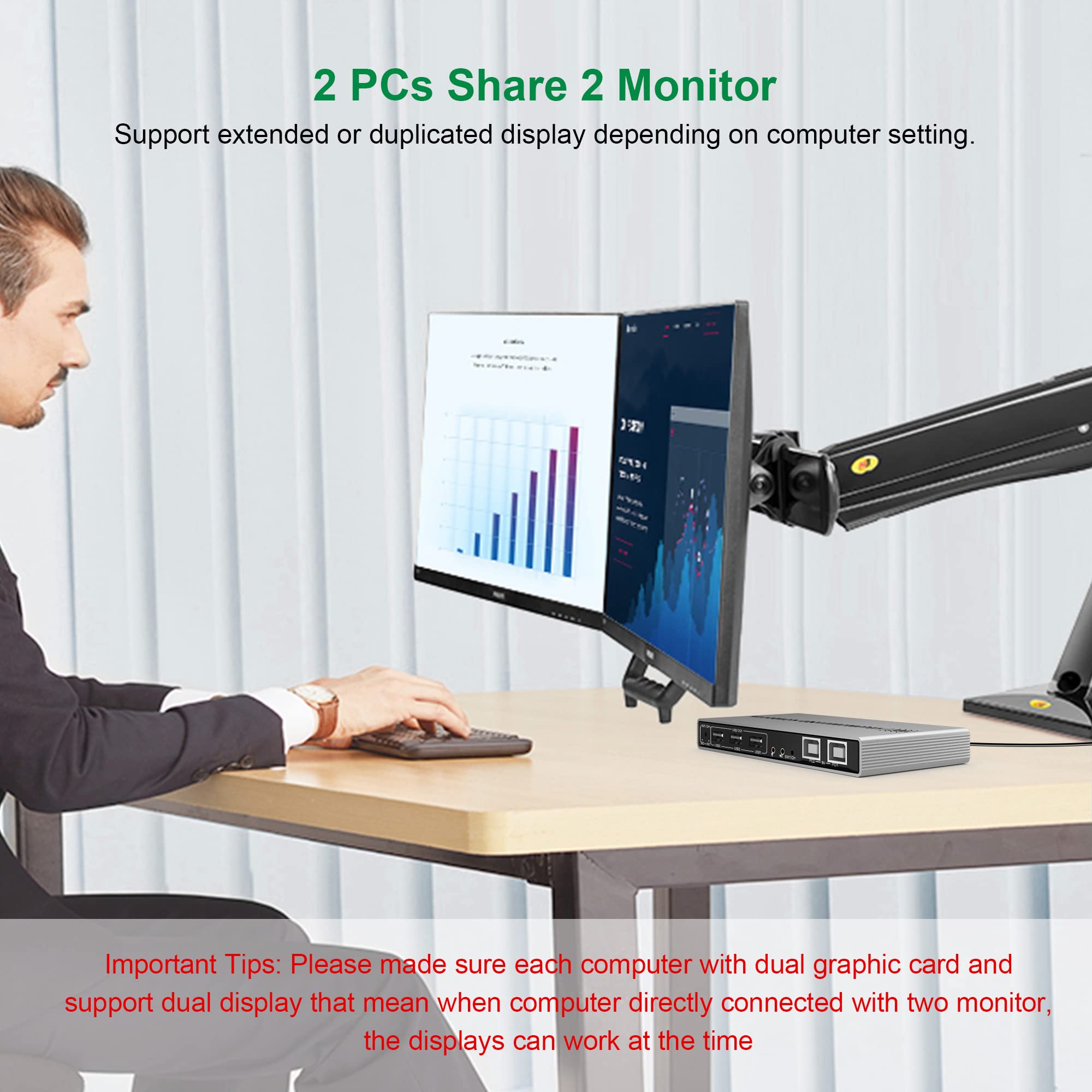 Dual Monitor DisplayPort HDMI KVM Switch 4K@60Hz 2-Port Extended Display 2 in 2 Out KVM Switch 2 Monitors 2 Computers Displayport and HDMI, with 3xUSB, Audio Port, Included 2xUSB Cables, Controller