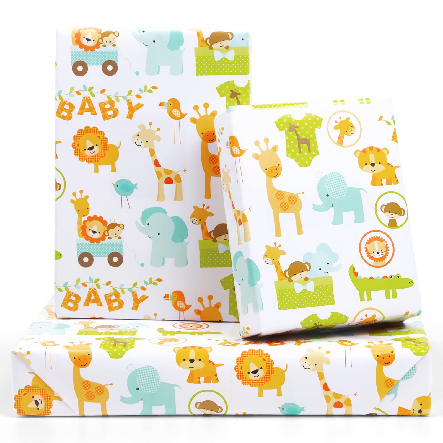 Gift Wrapping Paper for Baby Boys Girls Infant Kids, 6 Sheets Forest Animals Lion Giraffe Elephant Monkey Crocodile Wrapping Paper Sheet, 20 x 30 Inch Gift Paper for Baby Shower Birthday Kindergarten