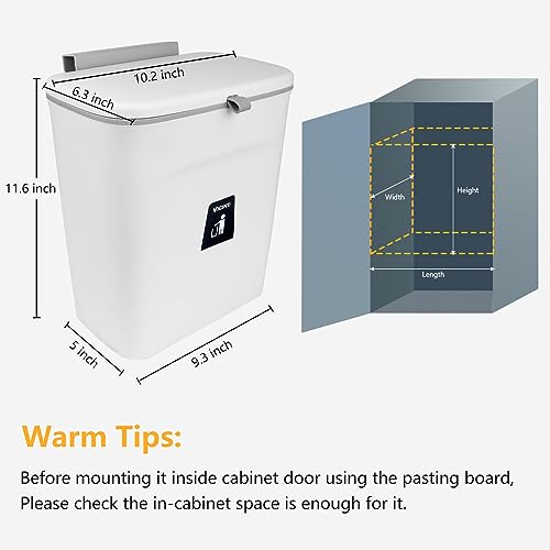 VIGIND 9L/2.4 Gallon Hanging Trash Can for Kitchen Cabinet Door with Lid, Small Under Sink Garbage Can,Trash Bin for Bathroom, Wall Mounted Counter Waste Compost Bin, Plastic  (White)