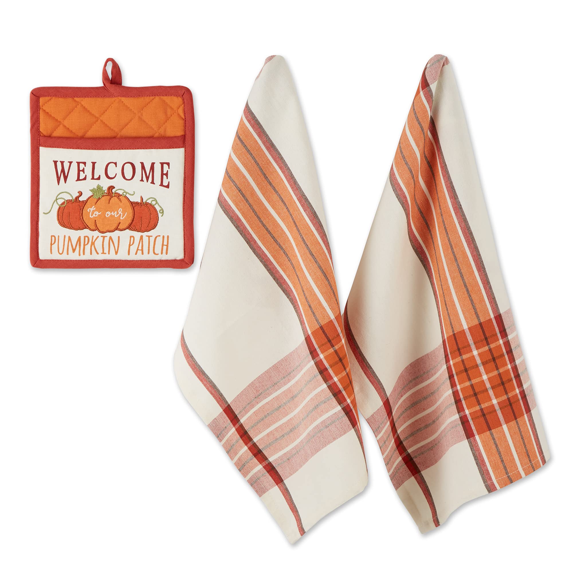 DII Fall Kitchen Décor Collection Dish Towel & Potholder Hostess Gift Set, Pumpkin Patch, 3 Piece