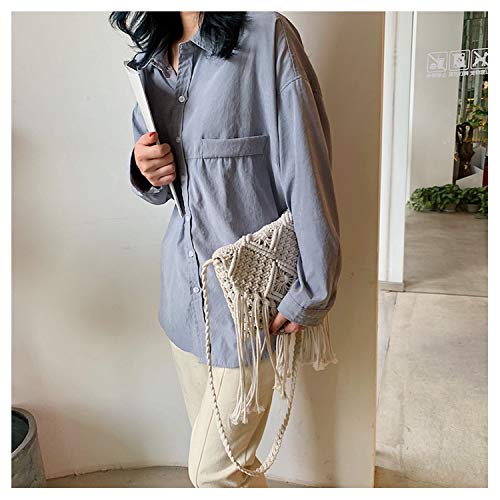 Nice Pies Women's Beach Straw Handbag Woven Tote Fishing Net Beach Bag Large Capacity Mesh Rope Combination Handbag (White)