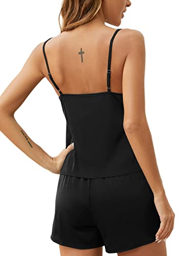 LYANER Women's Sexy Satin Pajamas Set Silk Cami Top with Shorts Loungewear Pjs Sleepwear Set Black Small