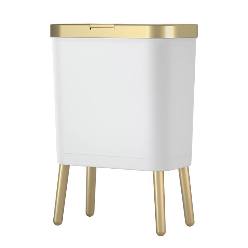 Huaqinglian 4Gallon Bathroom Trash Can with Lid, Small Kitchen Garbage Can,Slim Bedroom Trash bin Wastebasket Plastic for Office/Toilet/Living Room(White with Gold Edge)