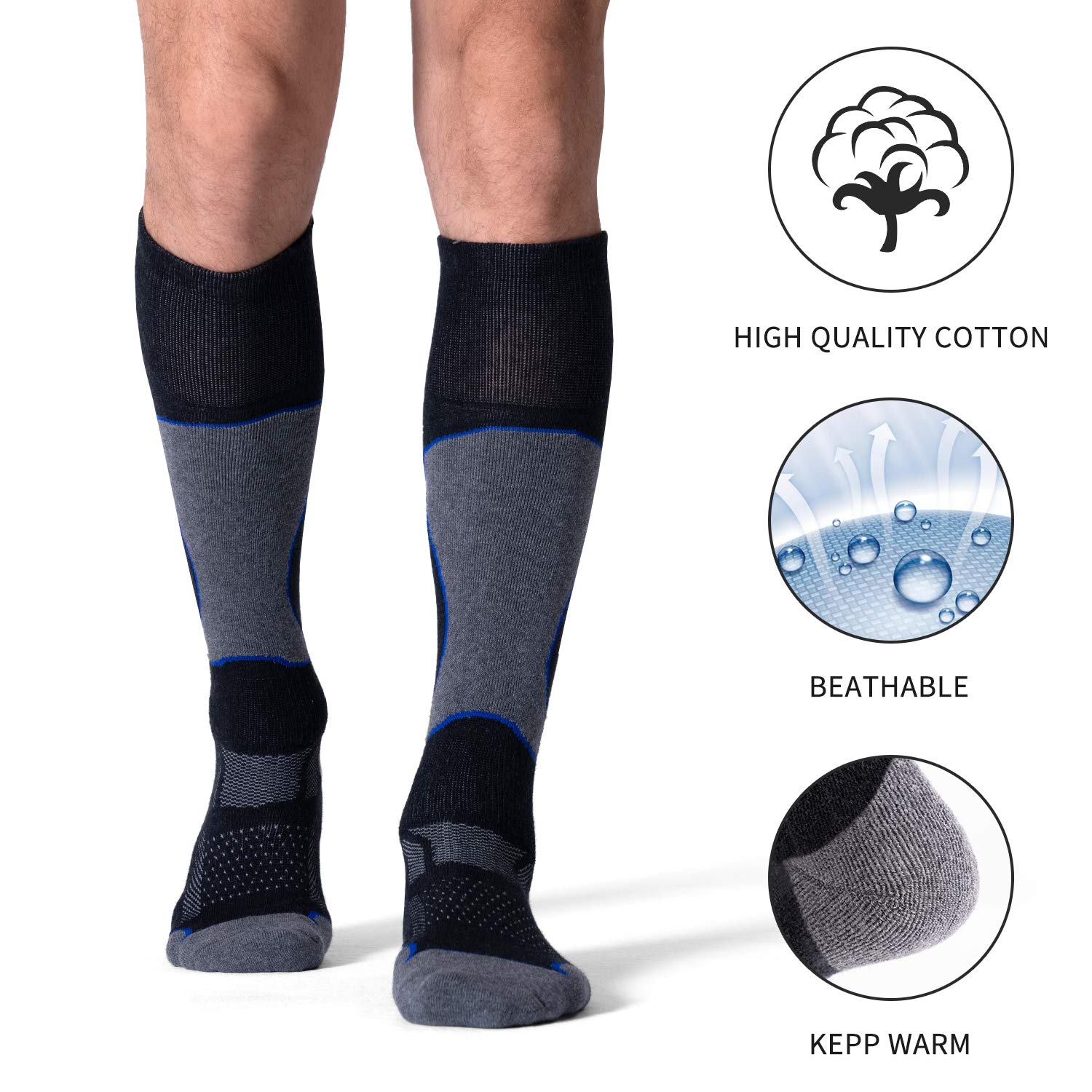 CS CELERSPORT 2 Pack Ski Socks for Men and Women Skiing, Snowboarding, Cold Weather, Winter Performance Socks, Black+Blue, X-Large