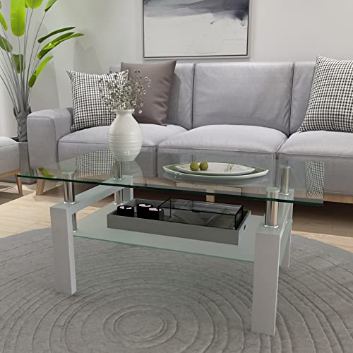 IANIYA Coffee Table with Metal Tube Legs, Glass and Rectangle End Table for Livingroom (White)
