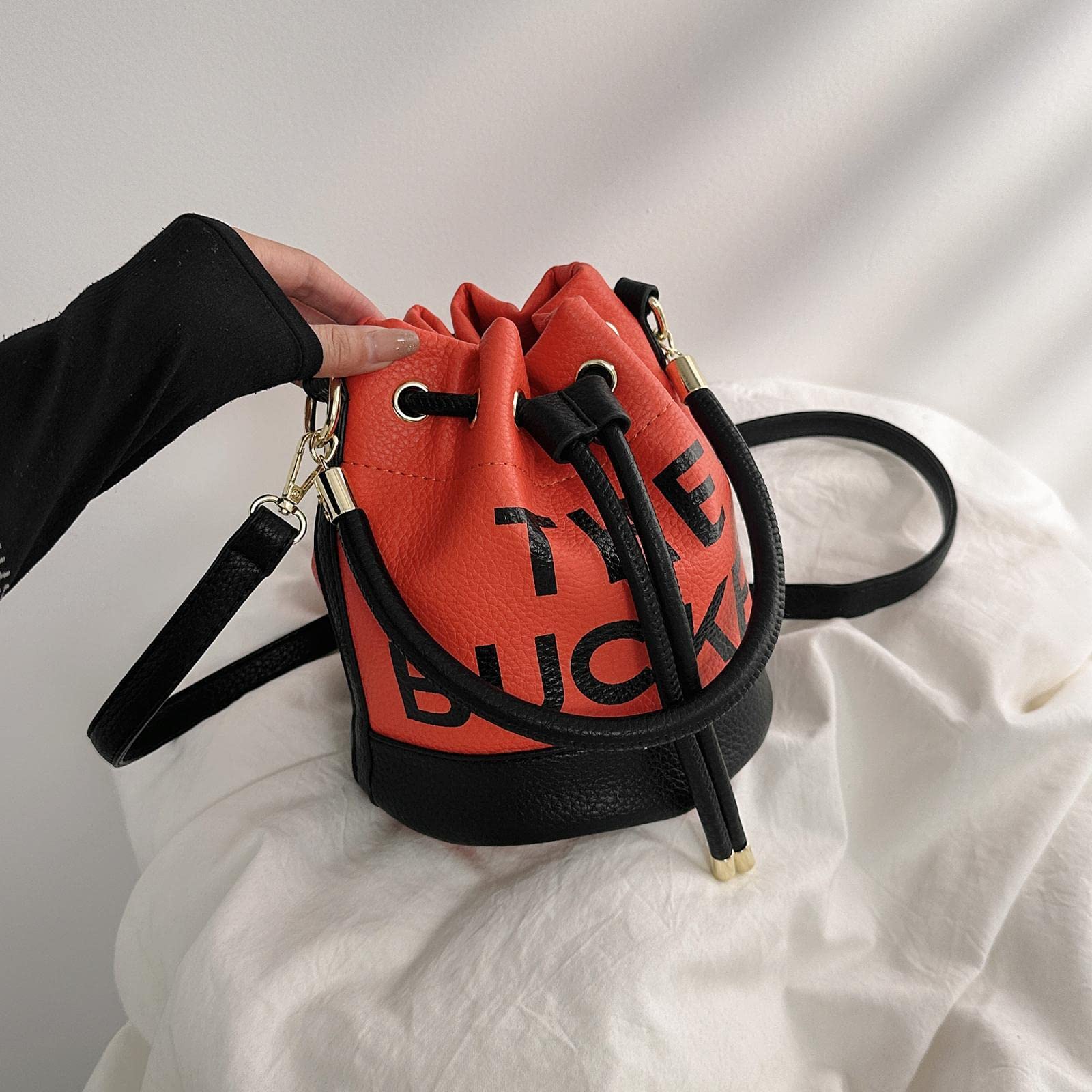 Drawstring Bucket Cross body Bags for Women Handbags Purses Designer Soft Vegan Leather Shoulder Bags (Orange)
