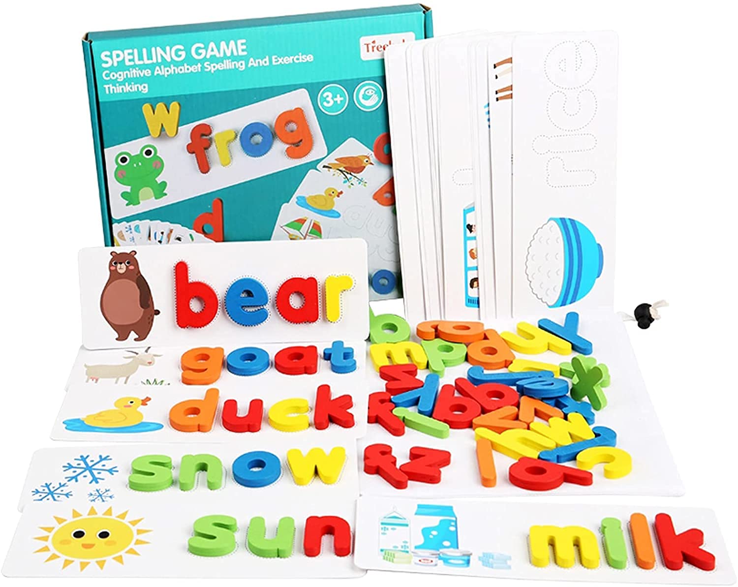 Wooden Toddler See and Spelling Learning Toy Matching Alphabet Word Game with 56 Different Words on 28 Two-Sided Cognitive Cards Letter Jigsaw Puzzle Toys for Kidβs Montessori Preschool Education