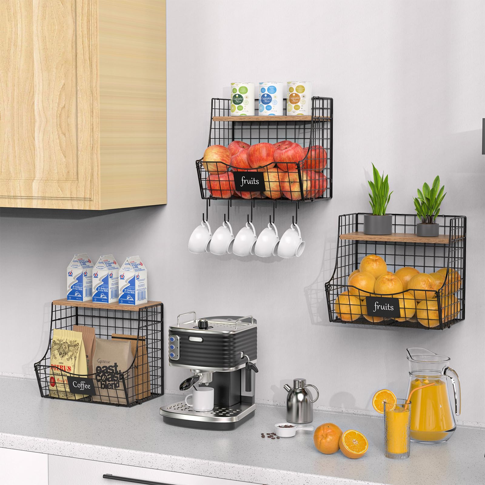 Fruit Basket for Kitchen with Wood Lid - Counter&Wall Mounted Onion and Potato Storage with Nameplate, Stackable Storage Basket, Hanging Metal Wire Baskets Kitchen Countertop Organizer Pantry 3 Pack