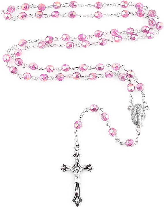 Catholic 6mm beads Woman or Girl Pink Pearl Rosary with White Vinyl Rosary Case with gold accent (Light Pink)
