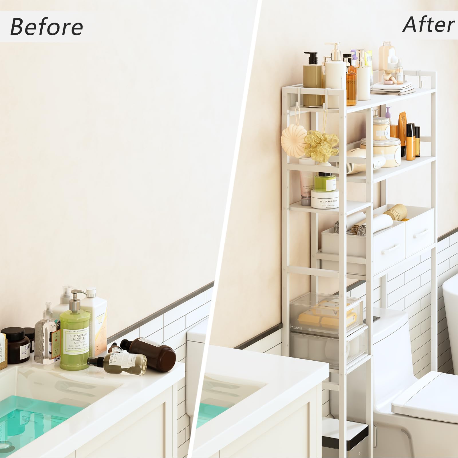 EdartHouse Over The Toilet Storage with 2 Drawers, Over Toilet Storage with Adjustable Shelf, Home Space-Saving Toilet Rack Above Toilet Storage with 4 Hooks for Restroom, Laundry(Rustic Brown)
