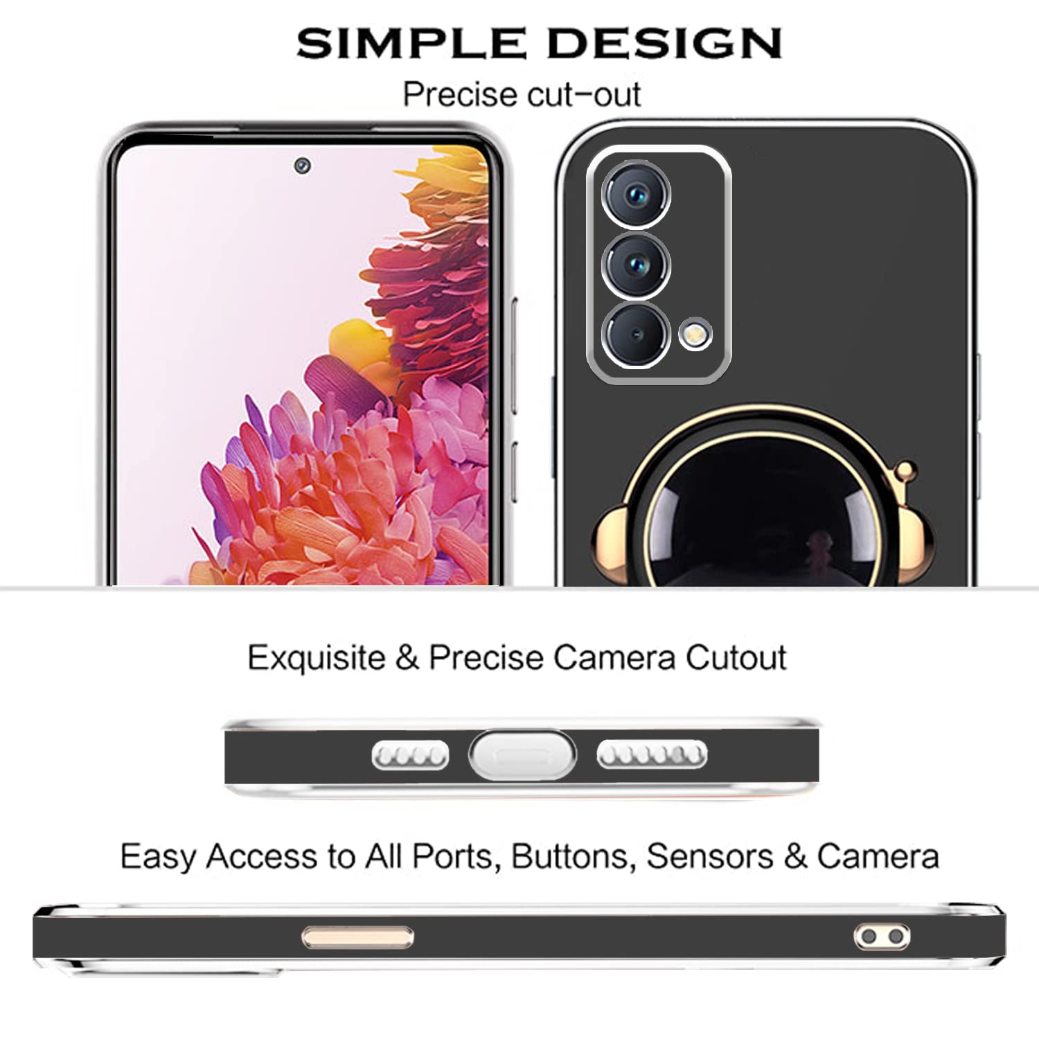 Compatible with Realme GT Master Edition Case Silicone TPU Plating, Realme GT Master Edition Cases Cute Astronaut Pattern Phone Case with Stand (Black)