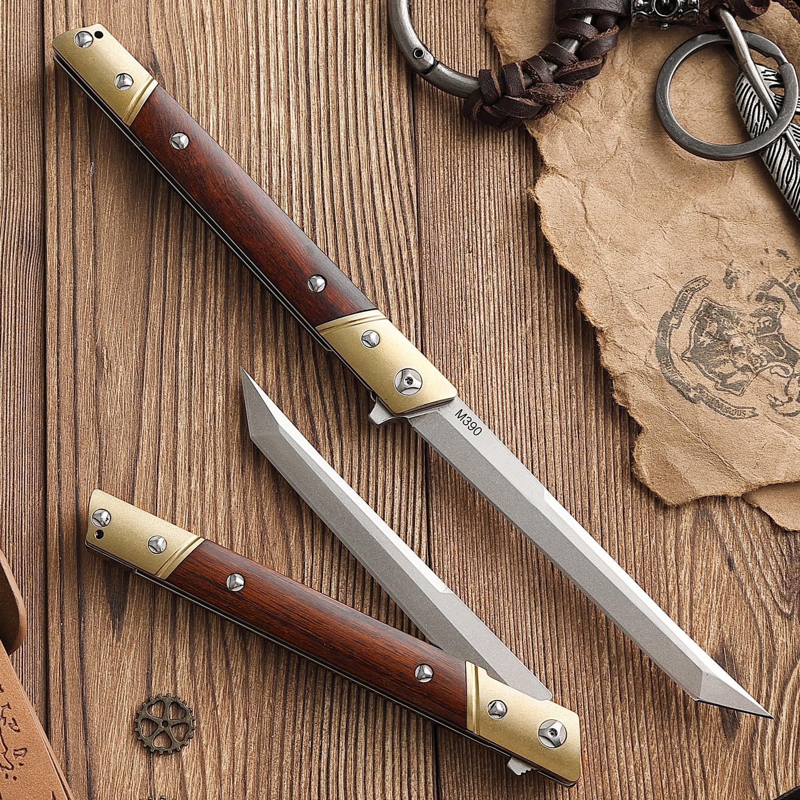 EDC lightweight Folding Pocket Knife,M390 steel gentleman's knife,3.9”Stone washing effect blades,With handmade quality knife sheath,Desert Ironwood Handle,Camping Outdoor Daily Carry folding knife