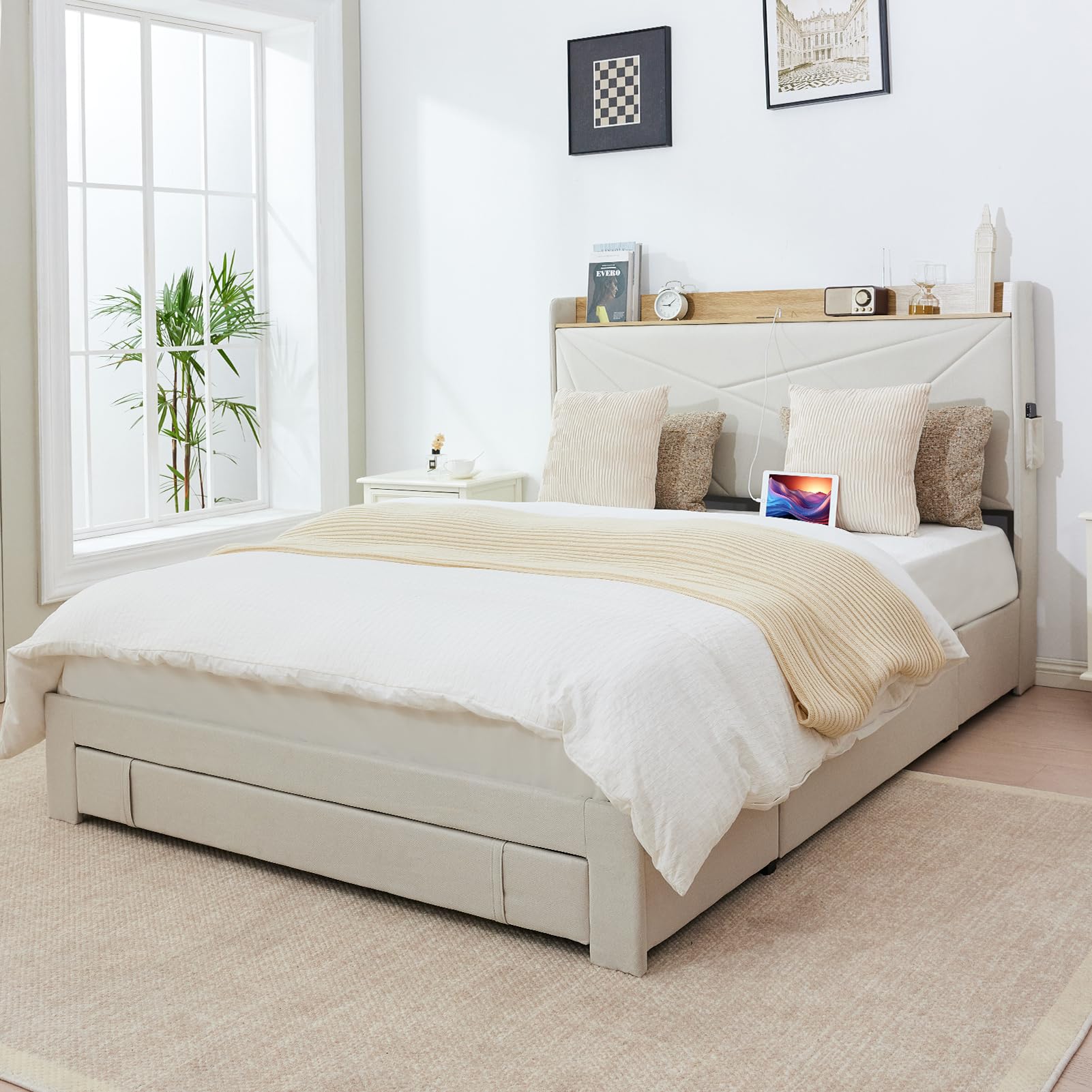 Hixkol Queen Bed Frame with Storage, Bed Frame with Drawers, AC USB & Type C Charge Station,Easy Assembly, Beige