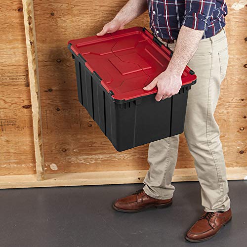 Sterilite 14619006 12 Gallon/45 Liter Hinged Lid Industrial Tote, Racer Red Lid w/ Black Base, 6-Pack