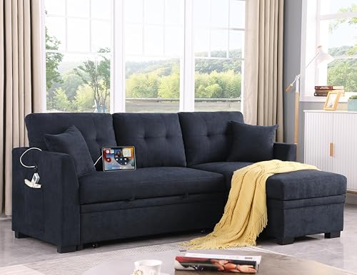 FANYE L-Shaped Reversible Pull Out Sleep Sofabed, Modern Velvet Upholstered Tufted Sleeper Sectional Sofa with Storage Chaise, USB Charging Ports, Side Pockets and 2 Pillows for Living Room