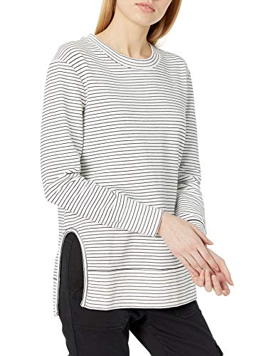 Daily Ritual Women's Long-Sleeve Crewneck Sweatshirt with Side Cutouts, Black White Pinstripe, Medium