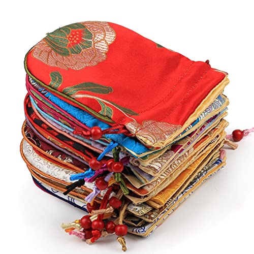 Cotton Filled Drawstring Small Bags for Jewelry Gift Pouch Packaging Chinese Silk Brocade Jewelry Pouch Thicken Luxury Jewellery Storage Bag (10, Mixed Color)