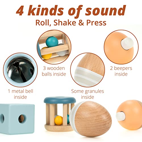 DUCKBOXX XX Wooden Toys Bundle (2 Pack) : Rainbow Stacker (Summer Color - 7pcs) & Rattles (4pcs)