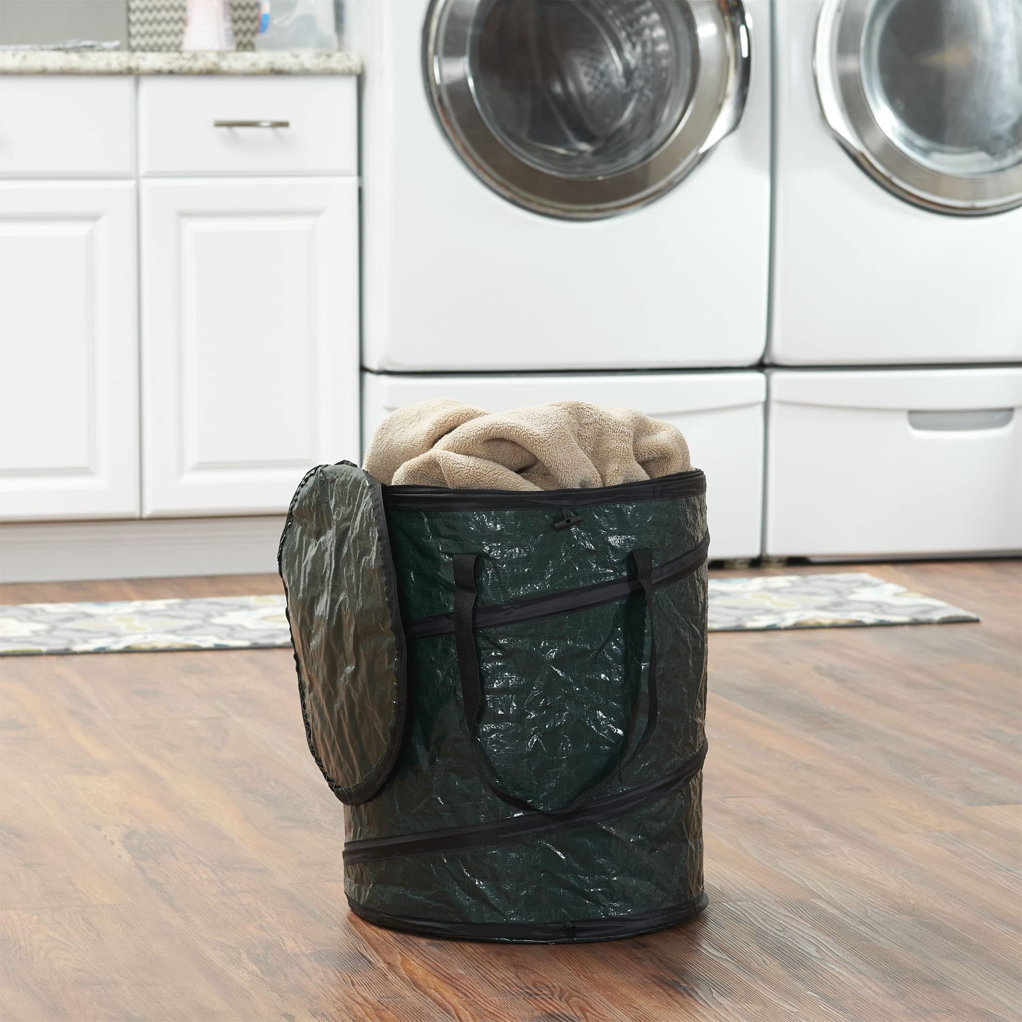 Household Essentials Pop Up Hamper, Pop Up Camping Trash Can, Great for Outdoor or Indoor Use, Portable and Collapsible with Zippered Top, Green
