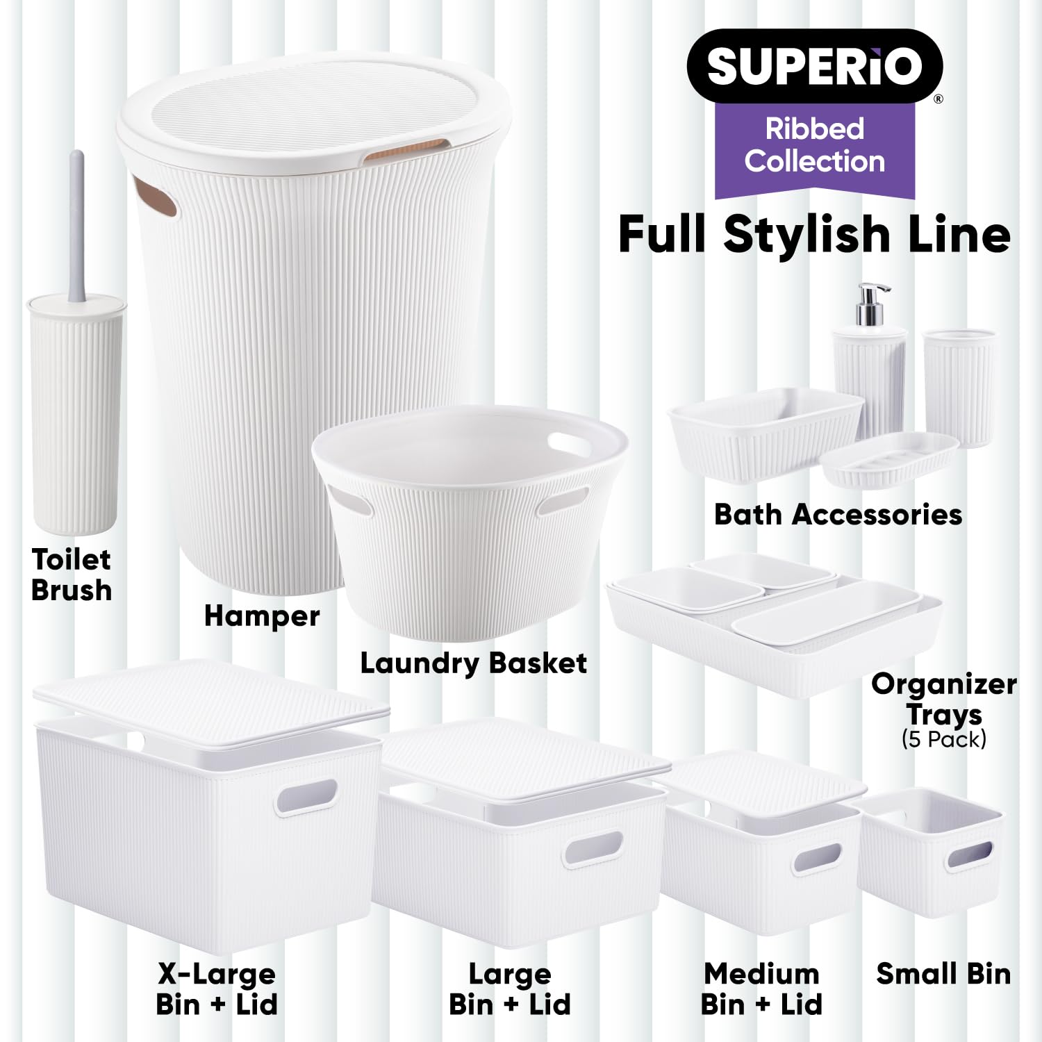 Superio Ribbed Collection - Decorative Plastic Open Home Storage Bins Organizer Baskets, White (Set of 3) 1 Medium, 2 Small - Container Boxes for Organizing Closet Shelves Drawer Shelf