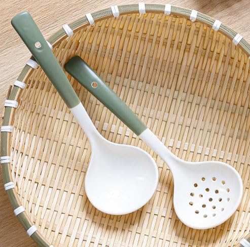 Ceramic Soup Ladle Spoon Set Of 2,Hot Pot Accessories Kit Soup Ladle Skimmer Spoon Slotted Cooking Utensil For Cooking Stirring (Green)