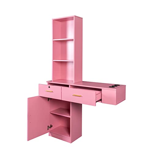 LLS Makeup Dressing Table, Computer Desk Vanity Set Wooden Dresser with 1 Storage Cabinet, 2 Drawers & 3 Open Shelves, Modern Hair Desk Writing Desk Without Mirror for Studio Toilet Barber Shop, Pink