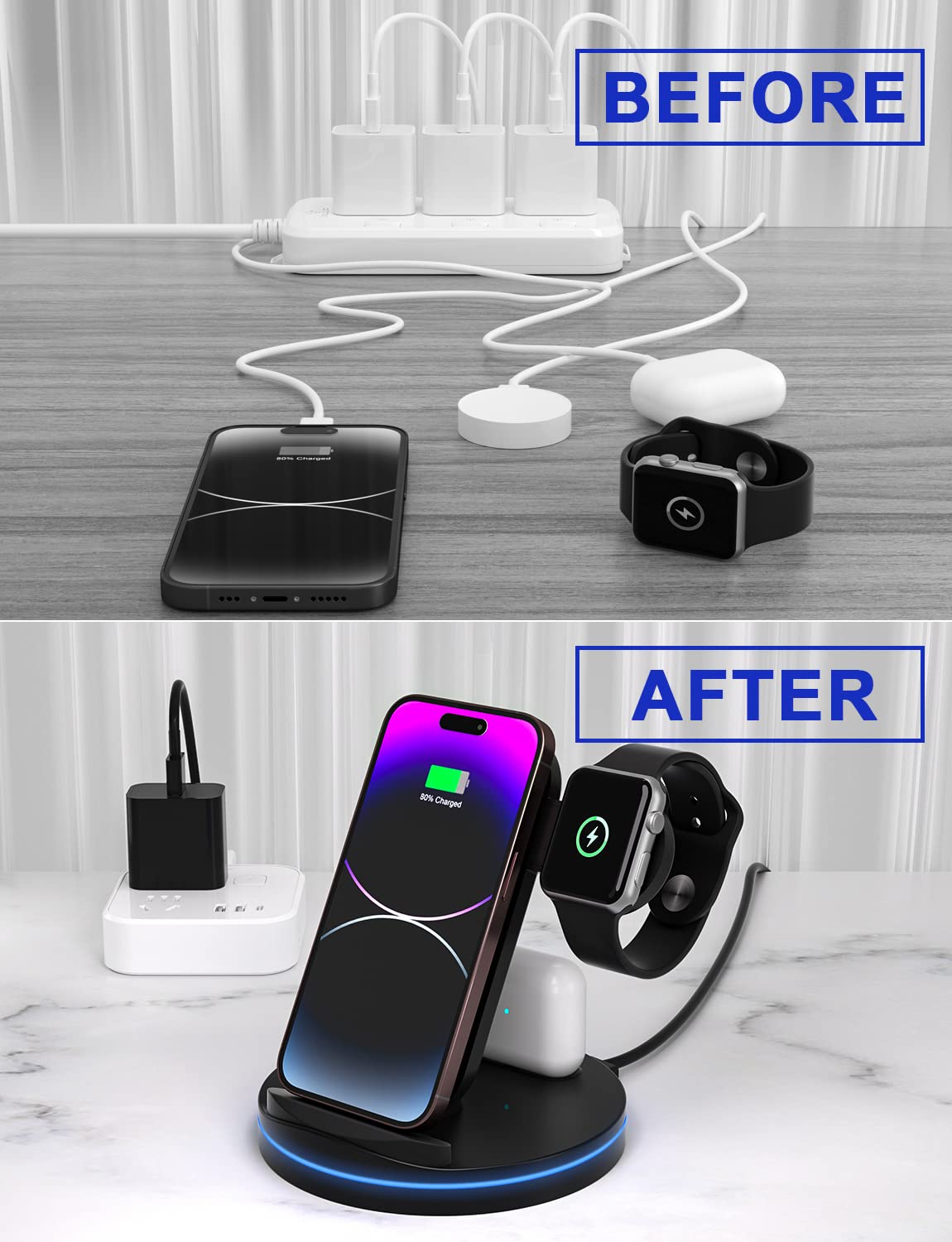 Charging Station for Multiple Devices,3 in 1 Fast Wireless Charging Stand Dock for iPhone 14/13/12/11/Pro/Max/XS/XR/X/8/Plus, for iWatch 7/6/5/4/3/2/SE, for AirPods 3/2/Pro-Black