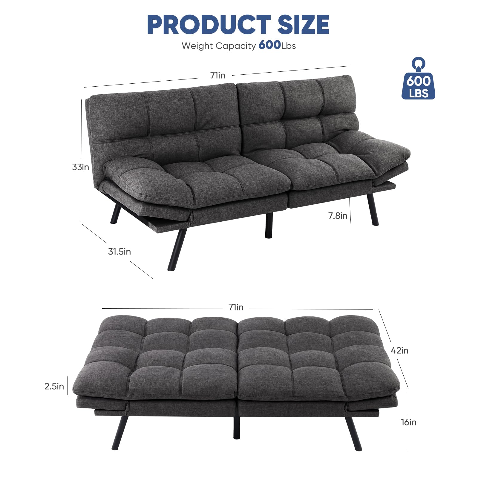 DUMOS Sleeper Futon Sofa Couch Bed, Memory Foam Couch, Convertible Living Room Couch, Apartment, Studio, Office, Meeting Room, Light Grey