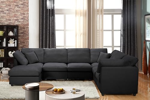 FANYE Oversized 7 Seater Modular Cushions Sectional Sofa Couch with Movable Ottoman,U-Shaped Corner Deep Seat Sectional&Couch Convertible Spacious Sleeper Sofabed for Home Apartment Living Room Sets
