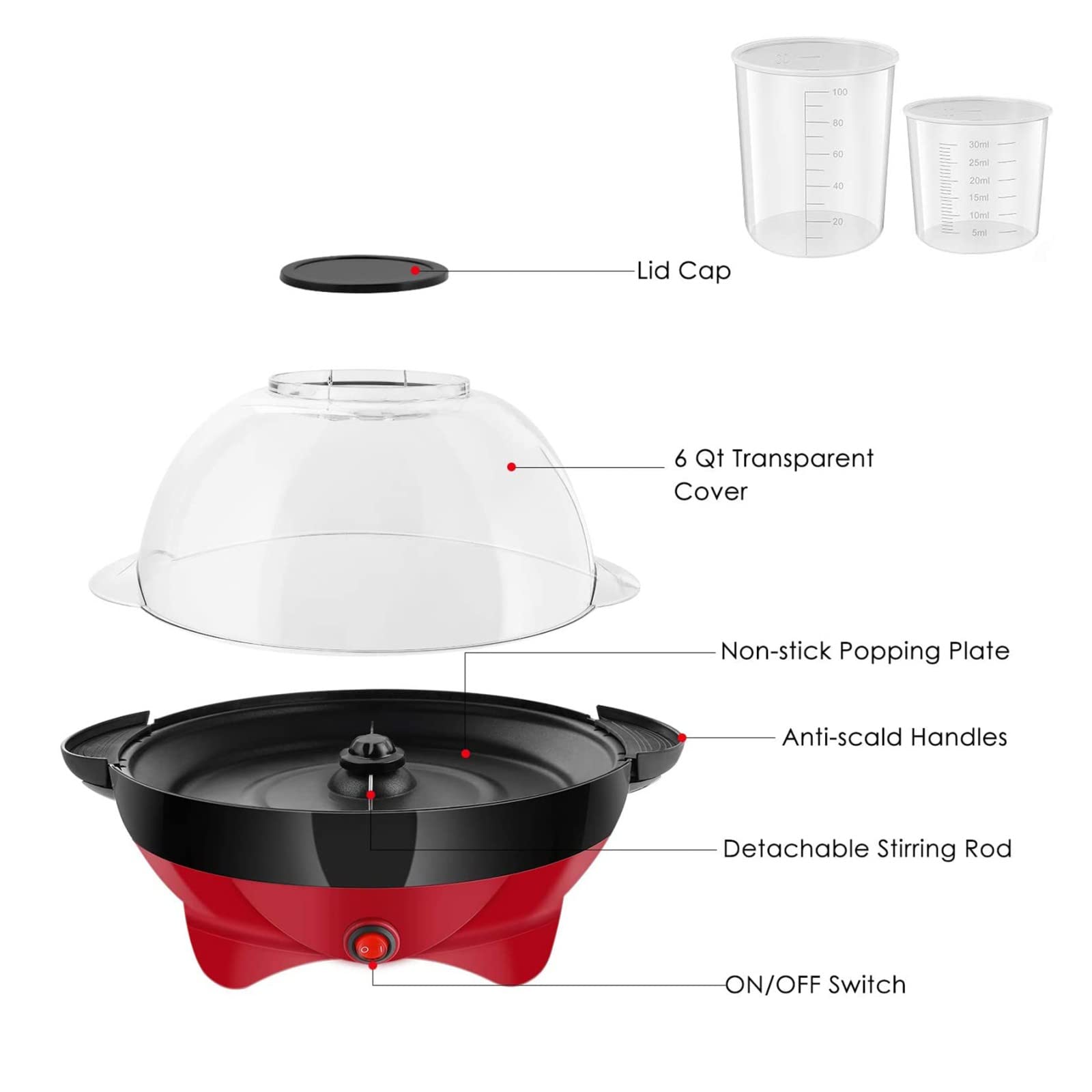 Electric Hot Oil Stirring Popcorn Maker,800W Popcorn Popper Machine with Measuring Cups and Large Lid, 6 Quart, Red, 34*29*13cm, RH-906