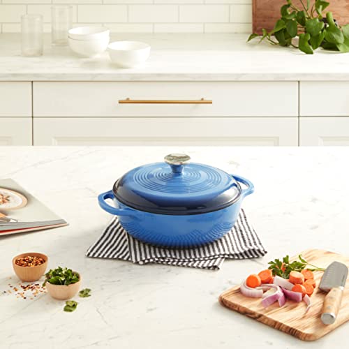 Lodge 3 Quart Enameled Cast Iron Dutch Oven with Lid β Dual Handles β Oven Safe up to 500Β° F or on Stovetop - Use to Marinate, Cook, Bake, Refrigerate and Serve β Caribbean Blue