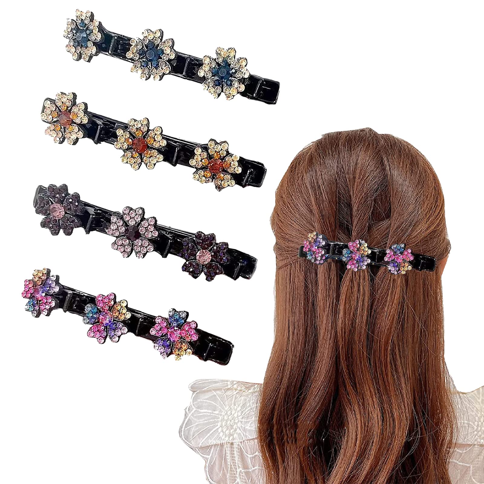 for ,Rsvelte Triple Braided Hair Clip with 3 Small Clips For Women, Sparkling Crystal Stone Multi Barrette with Rhinestones for Sectioning (Plum Blossom-4 PCS)
