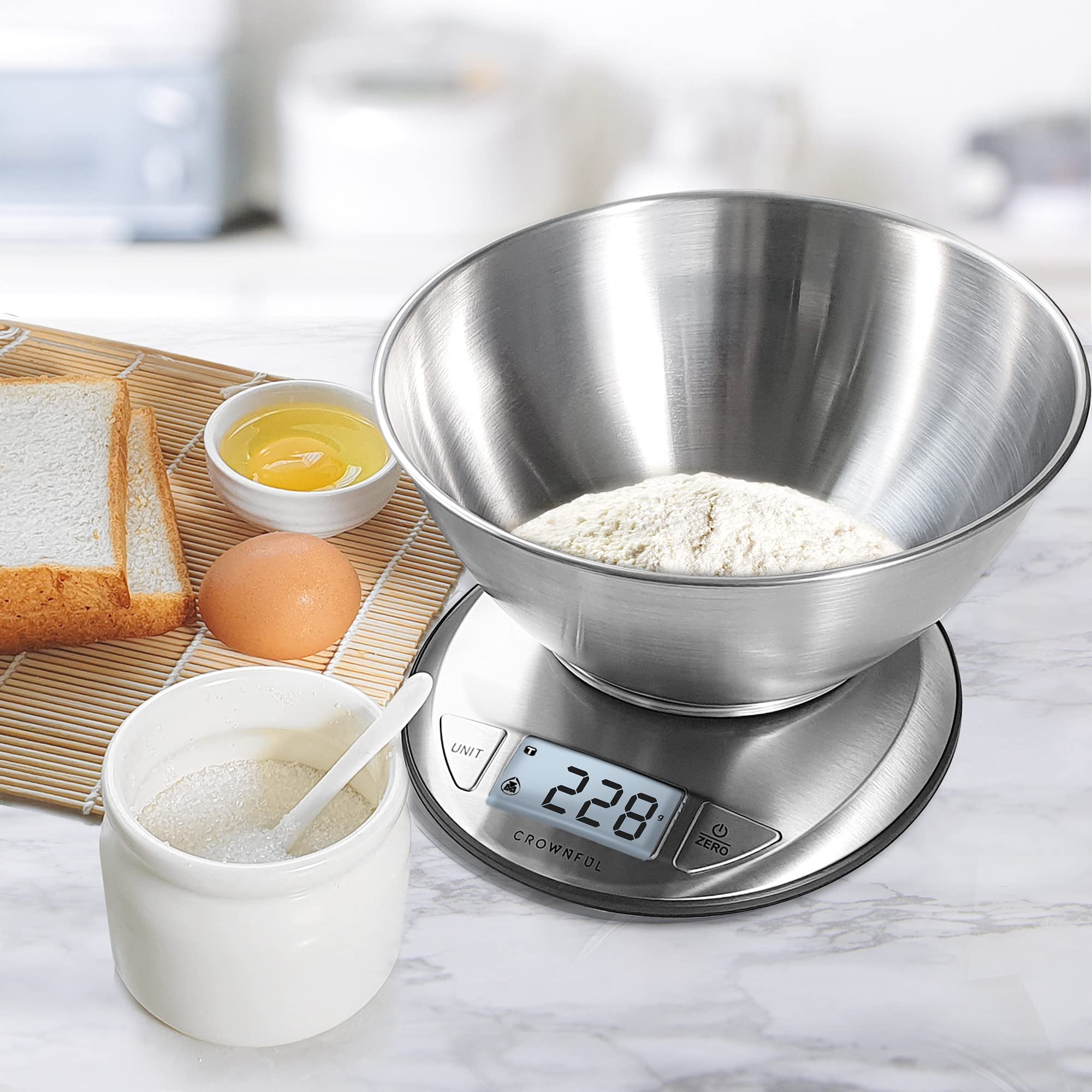 CROWNFUL Digital Food Scale with Bowl,11lb/5kg Kitchen Scales Digital Weight Grams and Ounces for Cooking and Baking,Kitchen Scale with Bowl (Batteries Included)